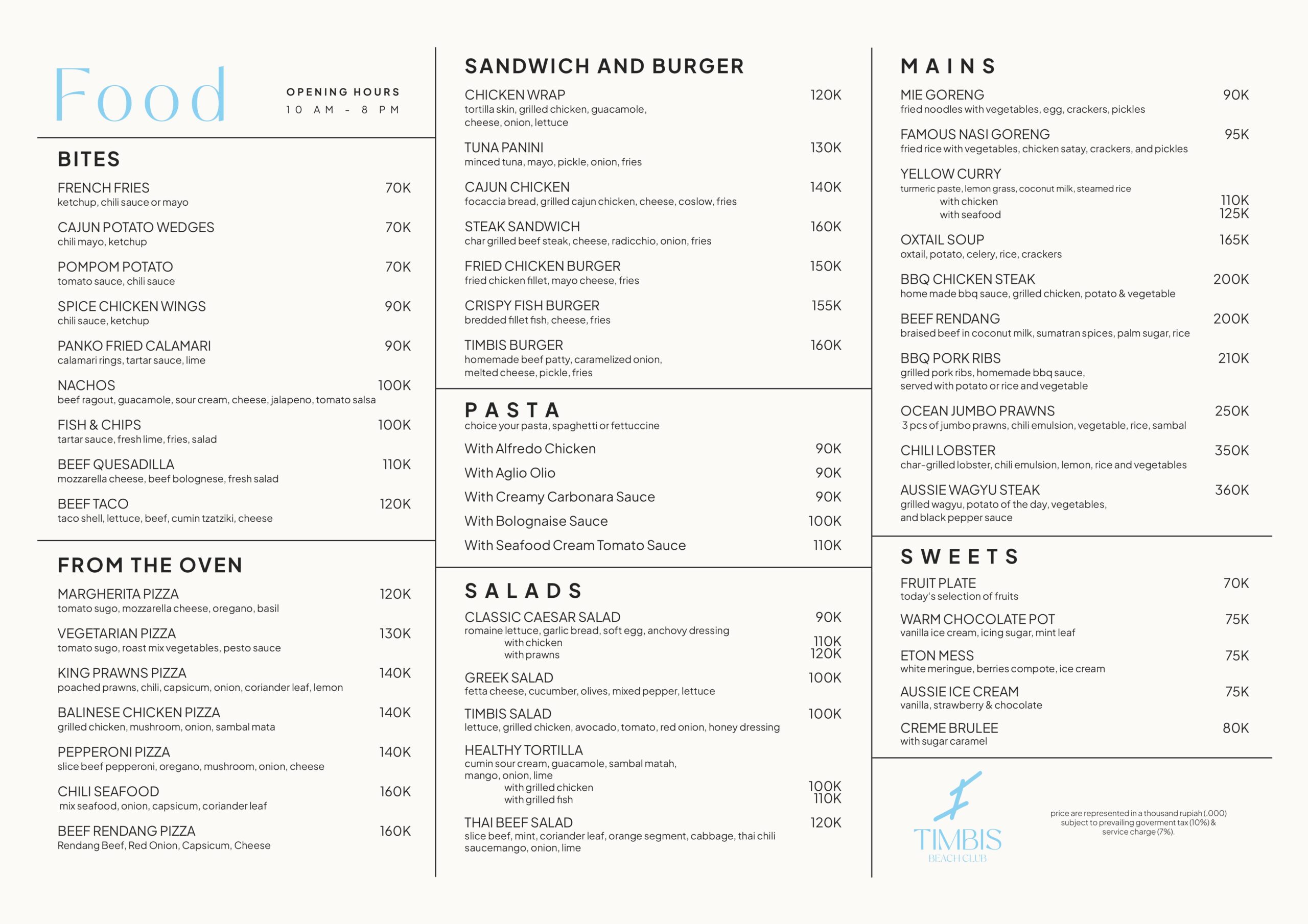 Menu - Timbis Beach Club